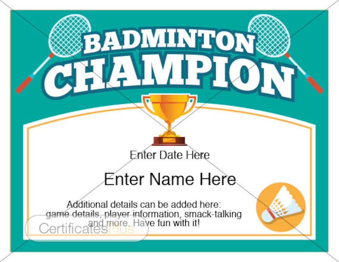 Editable Badminton Champion Award Certificate (digital Download) - Etsy