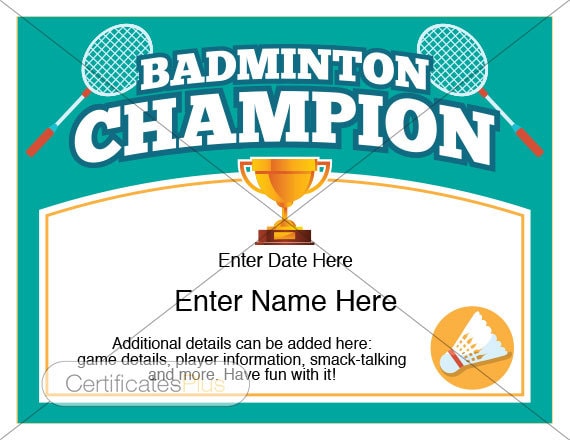 Editable Badminton Certificate, Kid Certificate, Champion Award ...