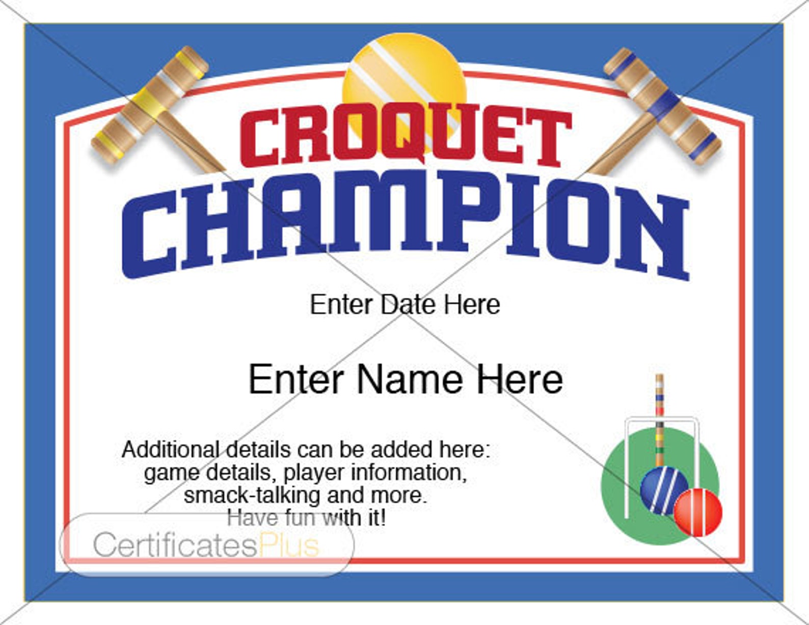 Croquet Champion Award Certificate Template (digital Download) - Etsy