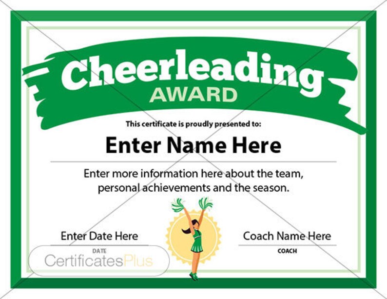 2 Cheerleading Green Team Color Certificates, Editable Cheerleader ...