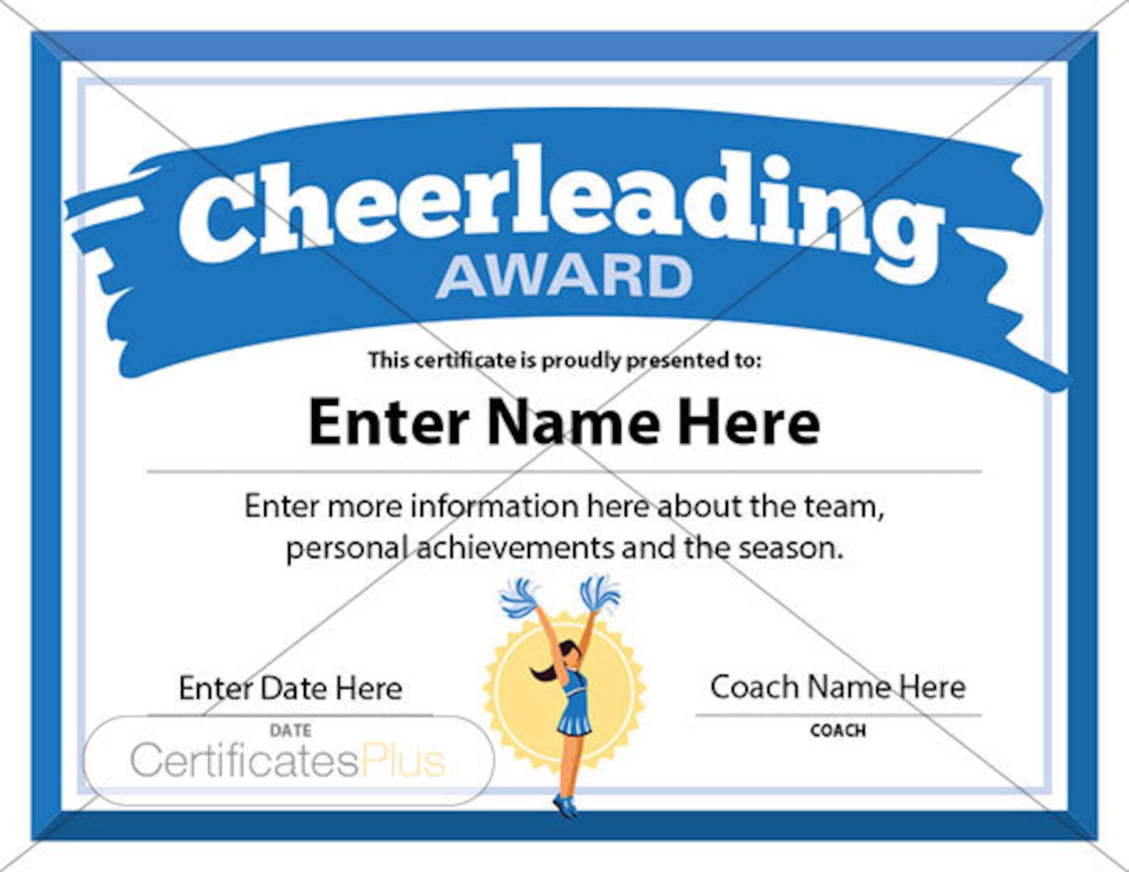 2 Cheerleading Blue Team Color Certificates, Editable Cheerleader ...