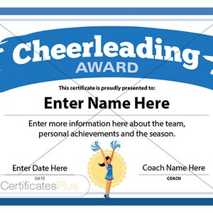 2 Cheerleading Blue Team Color Certificates, Editable Cheerleader ...