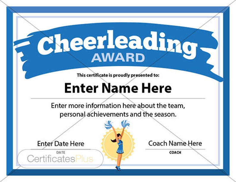 2 Cheerleading Blue Team Color Certificates, Editable Cheerleader ...