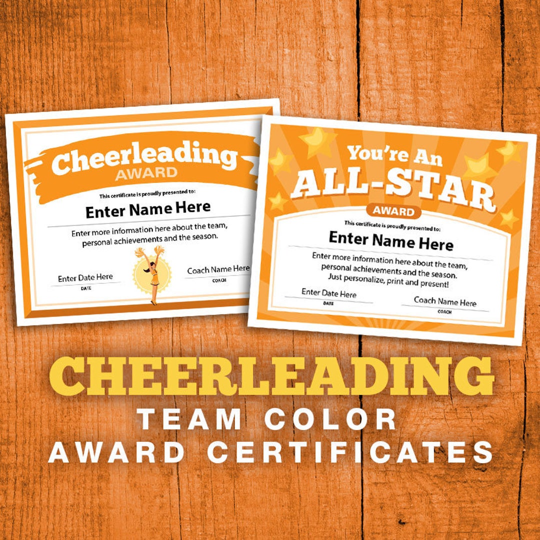 2 Cheerleading Orange Team Color Certificates, Editable Cheerleader ...