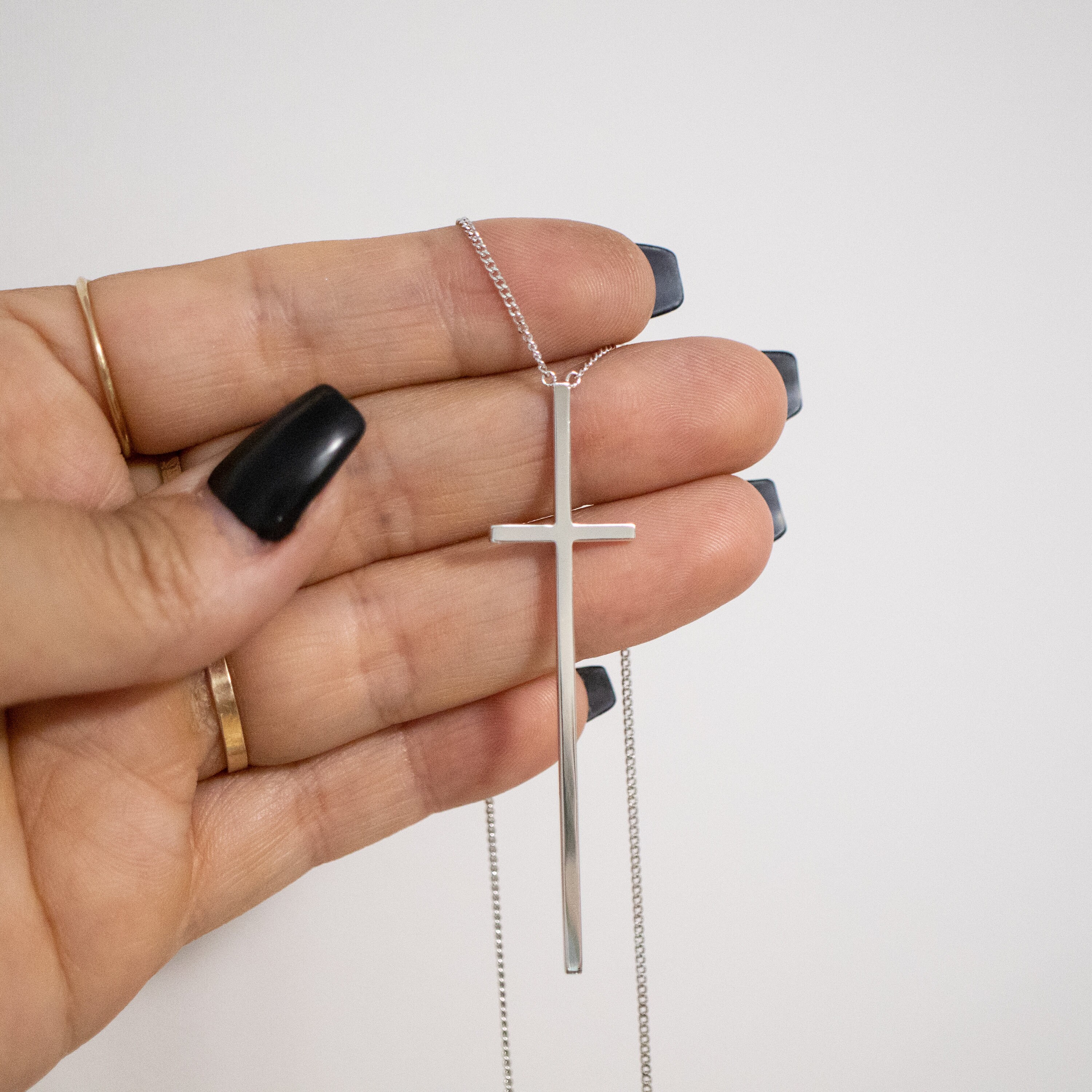 Silver Cross Necklace Long Cross Necklace Large Cross | Etsy