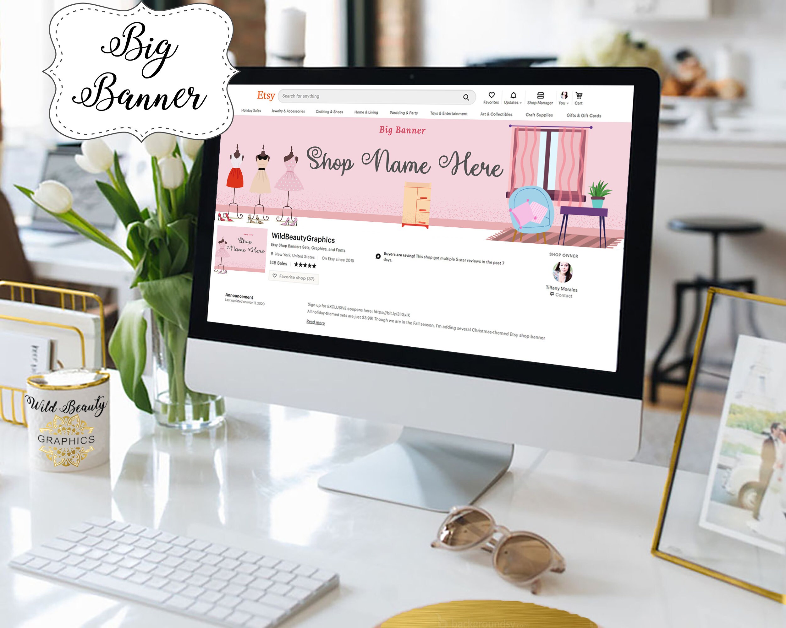 Seamstress Pink Room Etsy Shop Banner Set W/ Big Mini & | Etsy