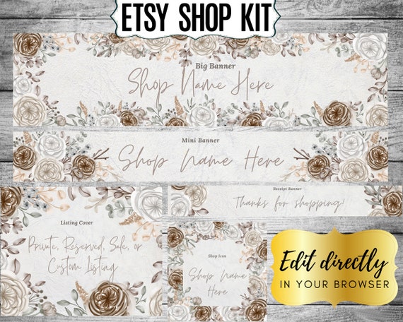 Vintage Cream Flowers Etsy Shop Banner Set: Big Mini & | Etsy