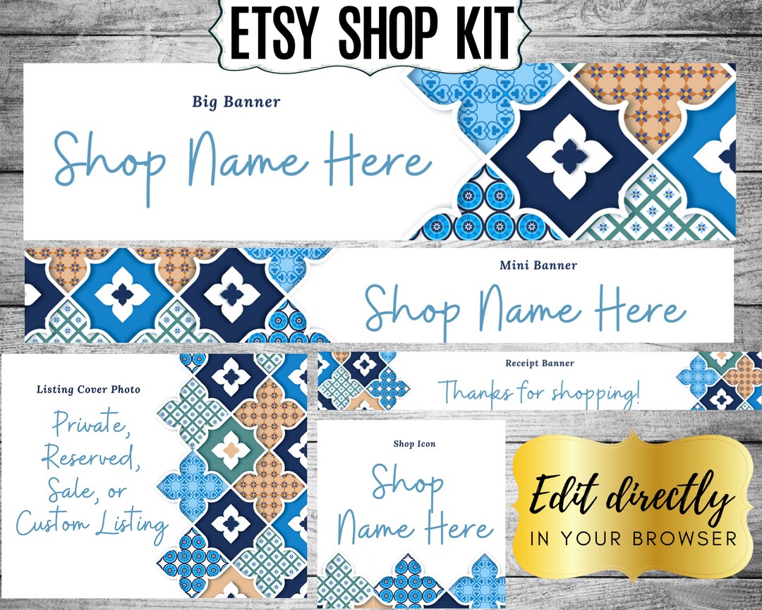 Mosaic Blue Tiles Etsy Shop Banner Set W/ Big, Mini, and Receipt ...
