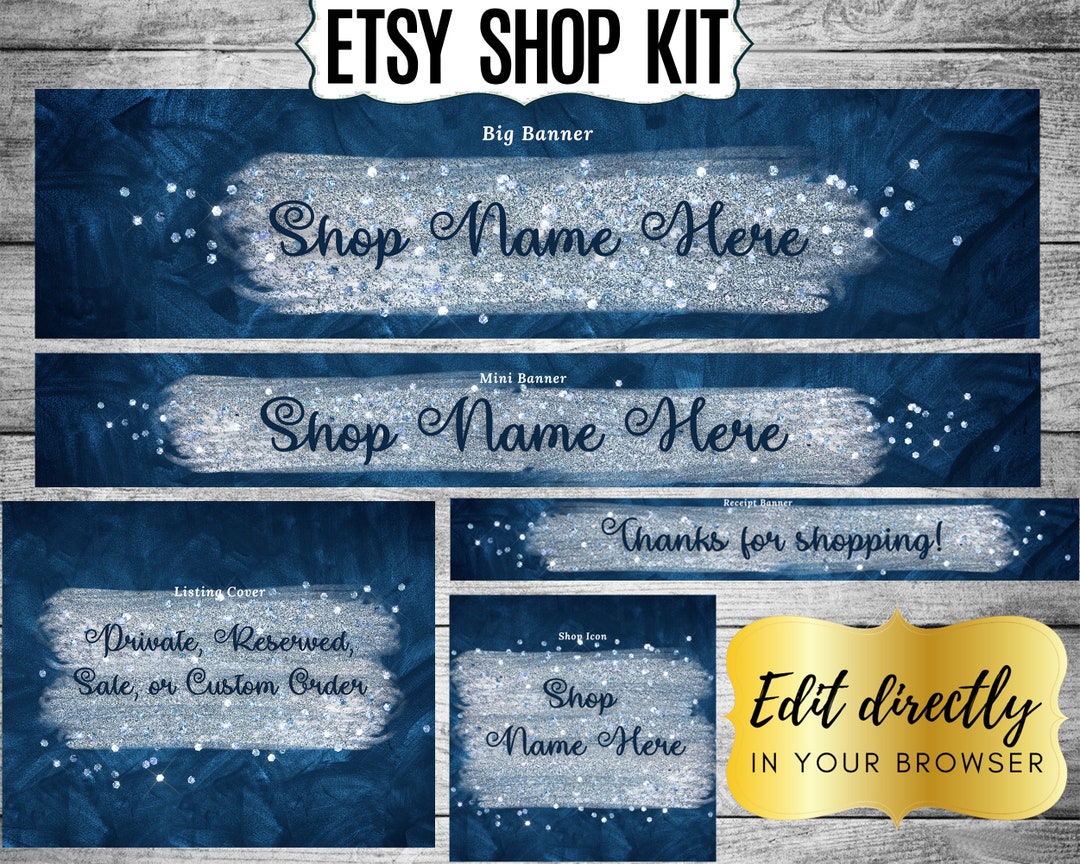 Blue Glitter Brush Stroke Etsy Shop Banner Set W/ Big Mini and Receipt ...