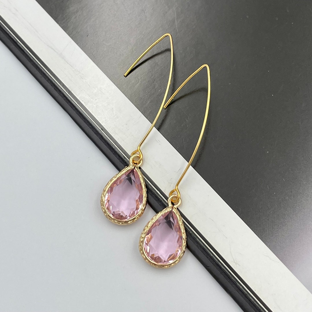 Soft Pink Crystal Drop Earrings, Soft Pink Long Hook Earrings, Wedding ...