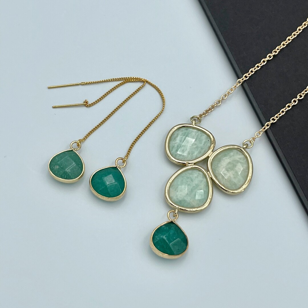 Green Jade Jewelry Set, Necklace and Earrings Statement Set, Jade Charm ...