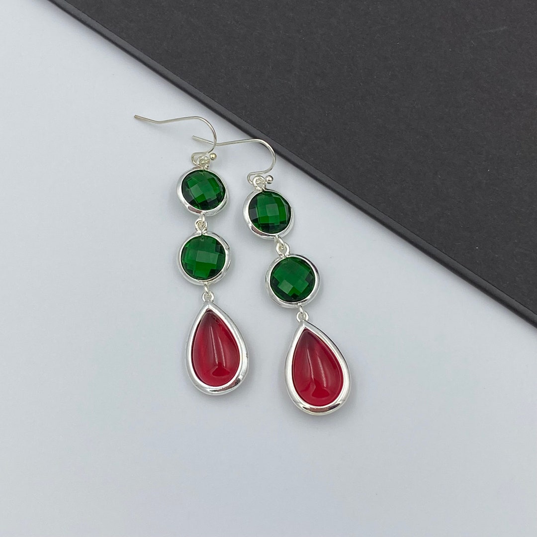 Emerald Green and Ruby Red Dangle Earrings, Chandelier Earrings, Ruby ...
