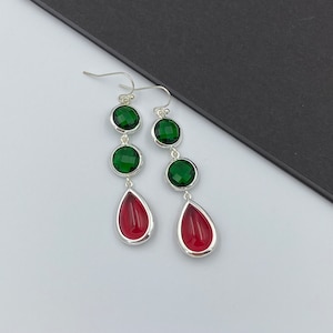 Emerald Green and Ruby Red Dangle Earrings, Chandelier Earrings, Ruby ...