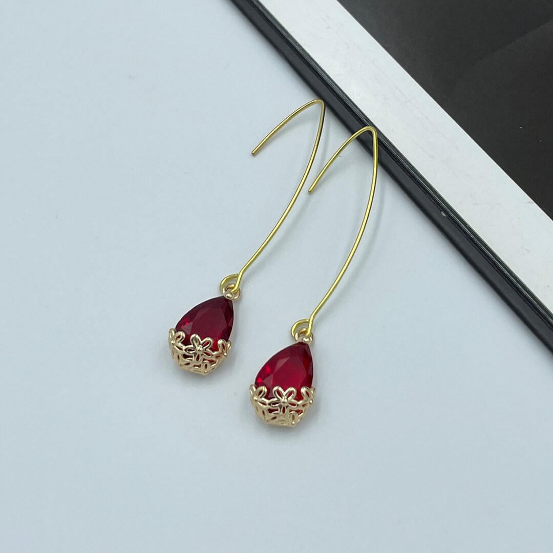 Scarlet Red Gold Earrings, Long Hook Earrings, Ruby Red Teardrop ...