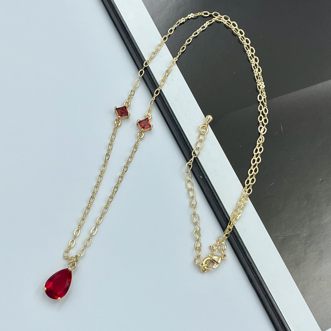 Ruby Red Crystal Charm Necklace, Ruby Red Teardrop Pendant Necklace ...