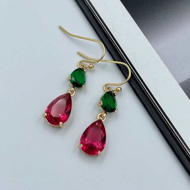 Emerald Green and Ruby Pink Teardrop Earrings, Teardrop Earrings ...