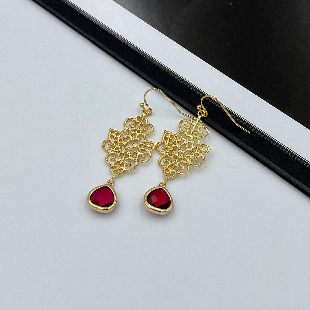 Ruby Red Crystal Drop Earrings, Gold Filigree Dangle Earrings - Etsy