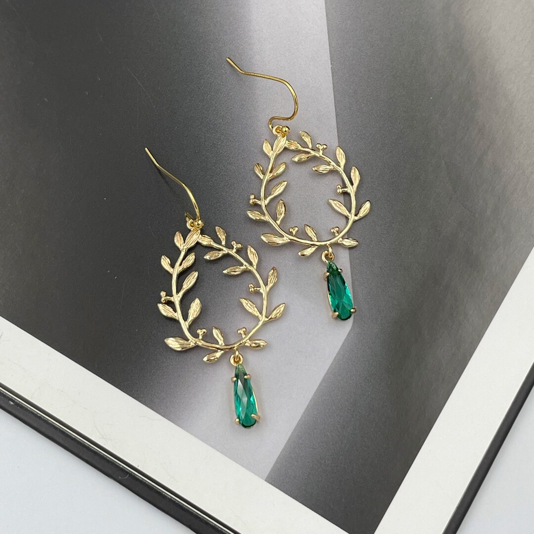 Sea Green Crystal Gold Laurel Wreath Statement Earrings, Gold Dangle ...