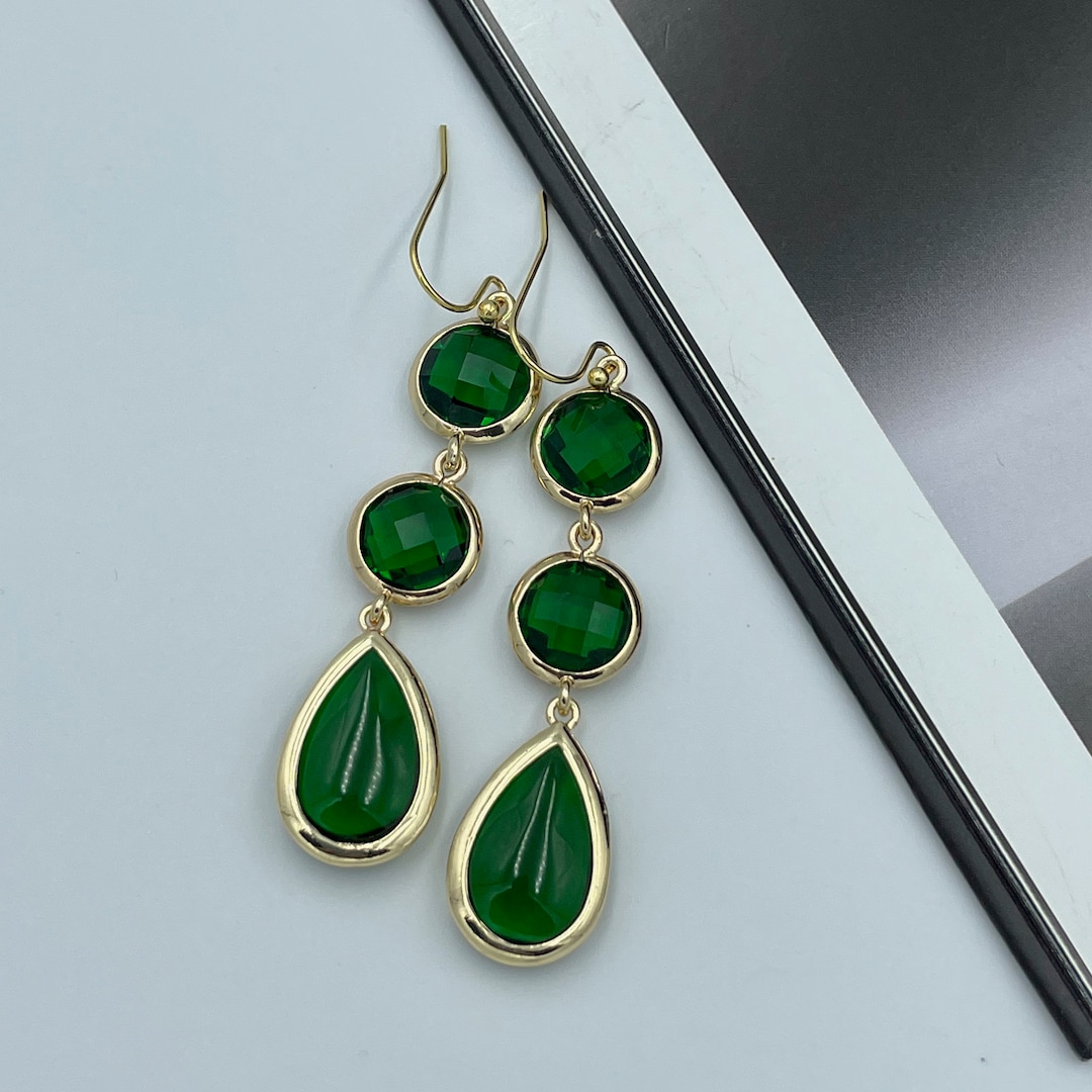 Emerald Green Drop Earrings, Emerald Teardrop Earrings, Gold Drop ...