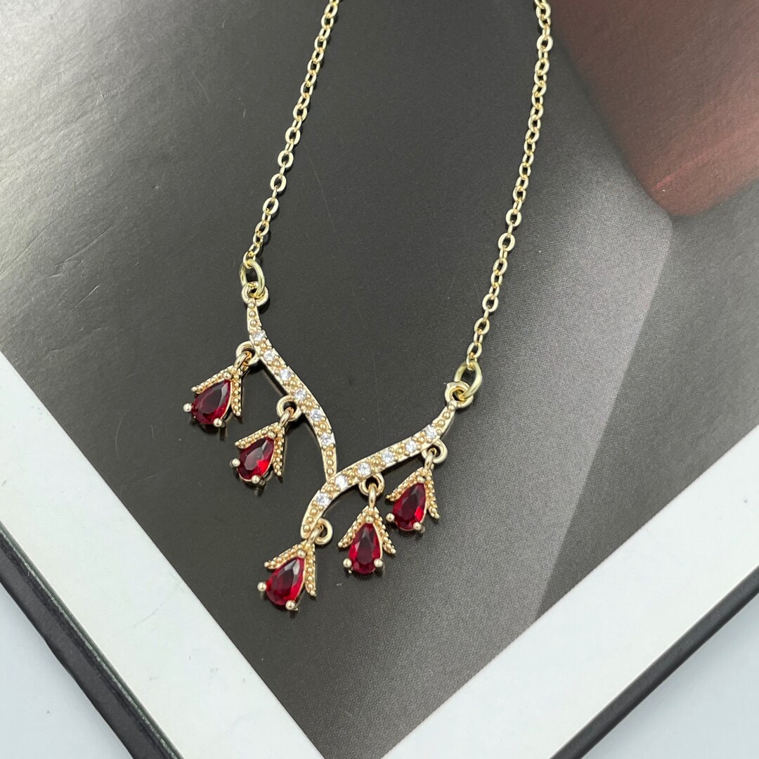Ruby Red Crystals Pendant Necklace, Ruby Red Teardrops Charm Necklace ...