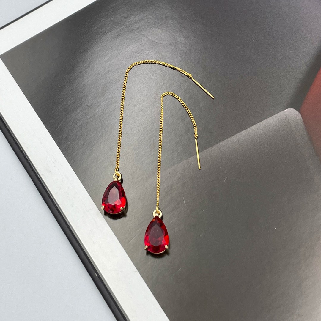Dainty Ruby Red Thread Dangle Earrings, Red Teardrop Earrings ...