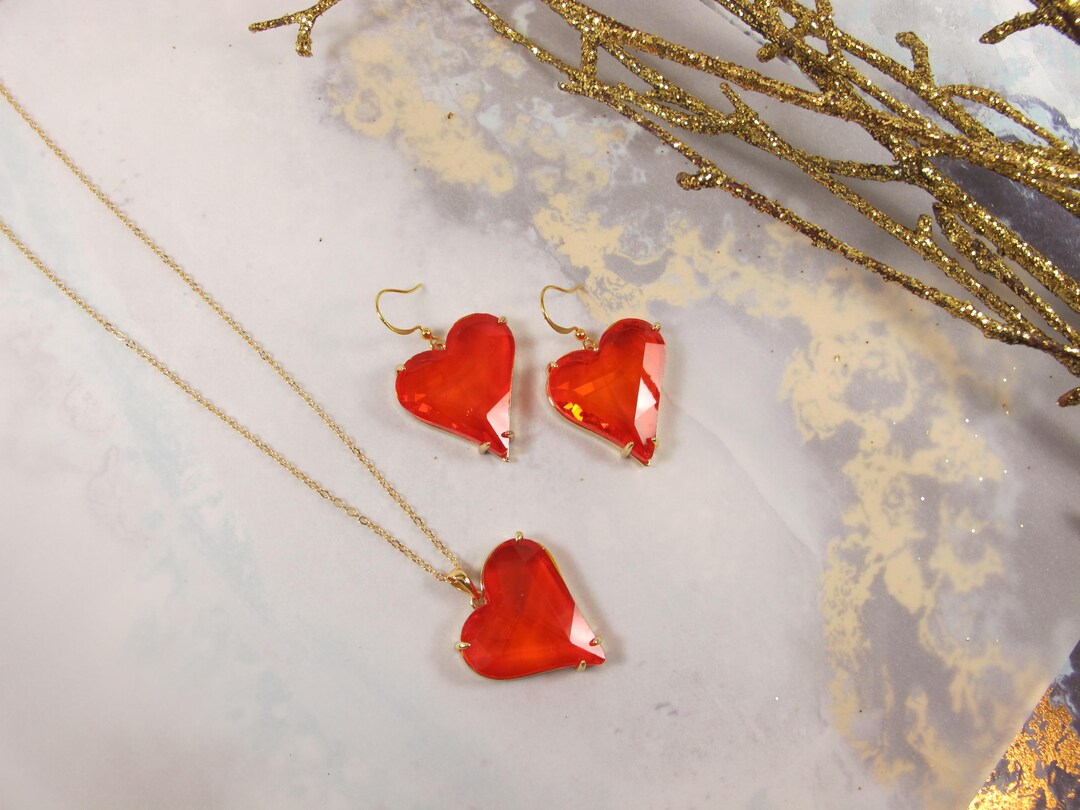 Red Heart Charm Statement Necklace and Earrings Set, Heart Necklace ...
