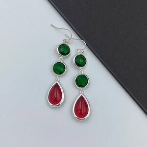 Emerald Green and Ruby Red Dangle Earrings, Chandelier Earrings, Ruby ...