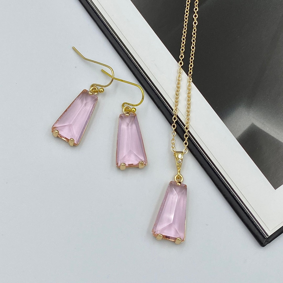 Dainty Pink Crystal Charm Jewelry Set, Pink Charm Necklace and Earrings ...