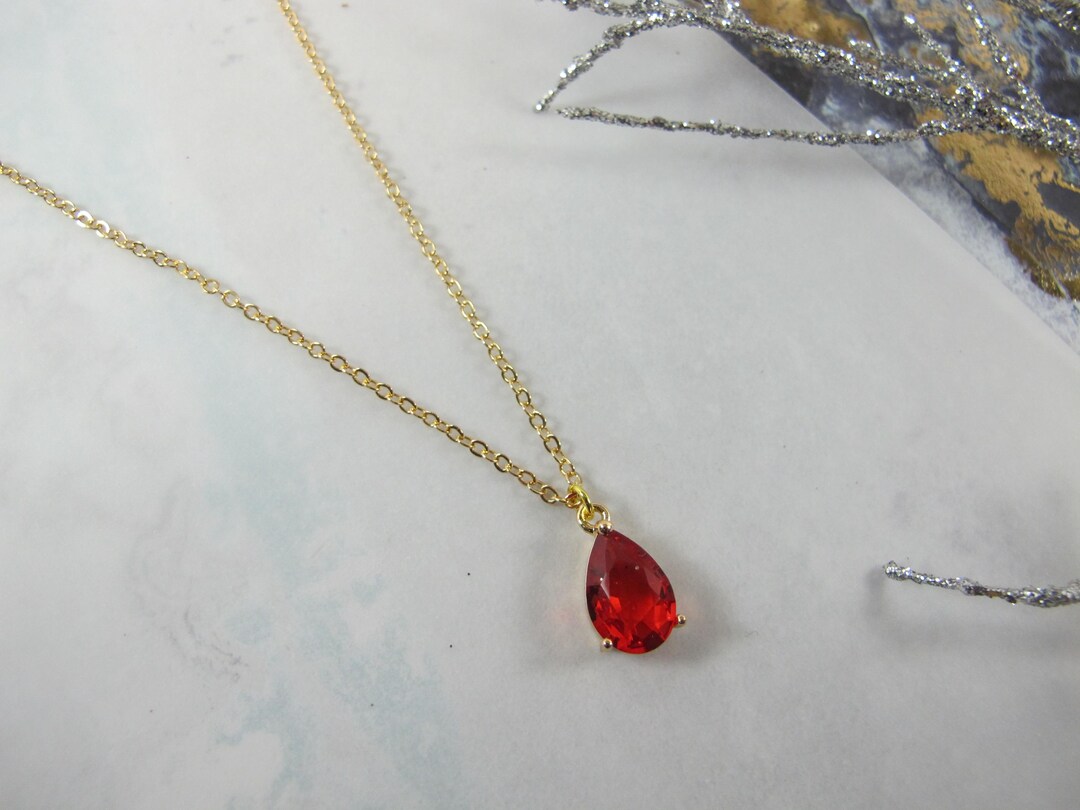 Ruby Red Crystal Charm Necklace, Red Teardrop Pendant Necklace, Ruby ...