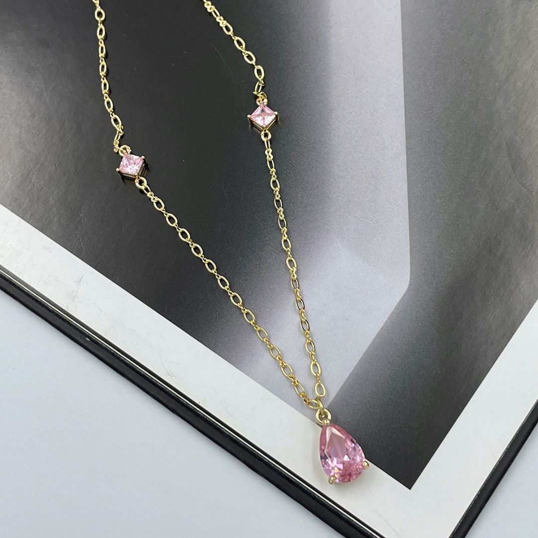 Soft Pink Crystal Charm Necklace, Soft Pink Teardrop Pendant Necklace ...