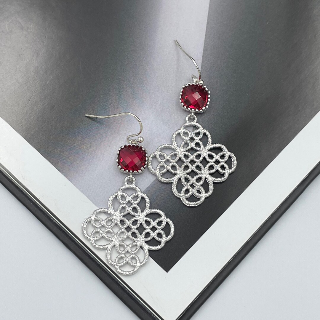 Ruby Red Crystal Earrings, Ruby Red Drop Earrings, Silver Ornate ...