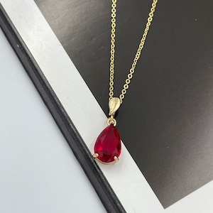 Ruby Red Crystal Charm Necklace, Red Teardrop Pendant Necklace, Ruby ...