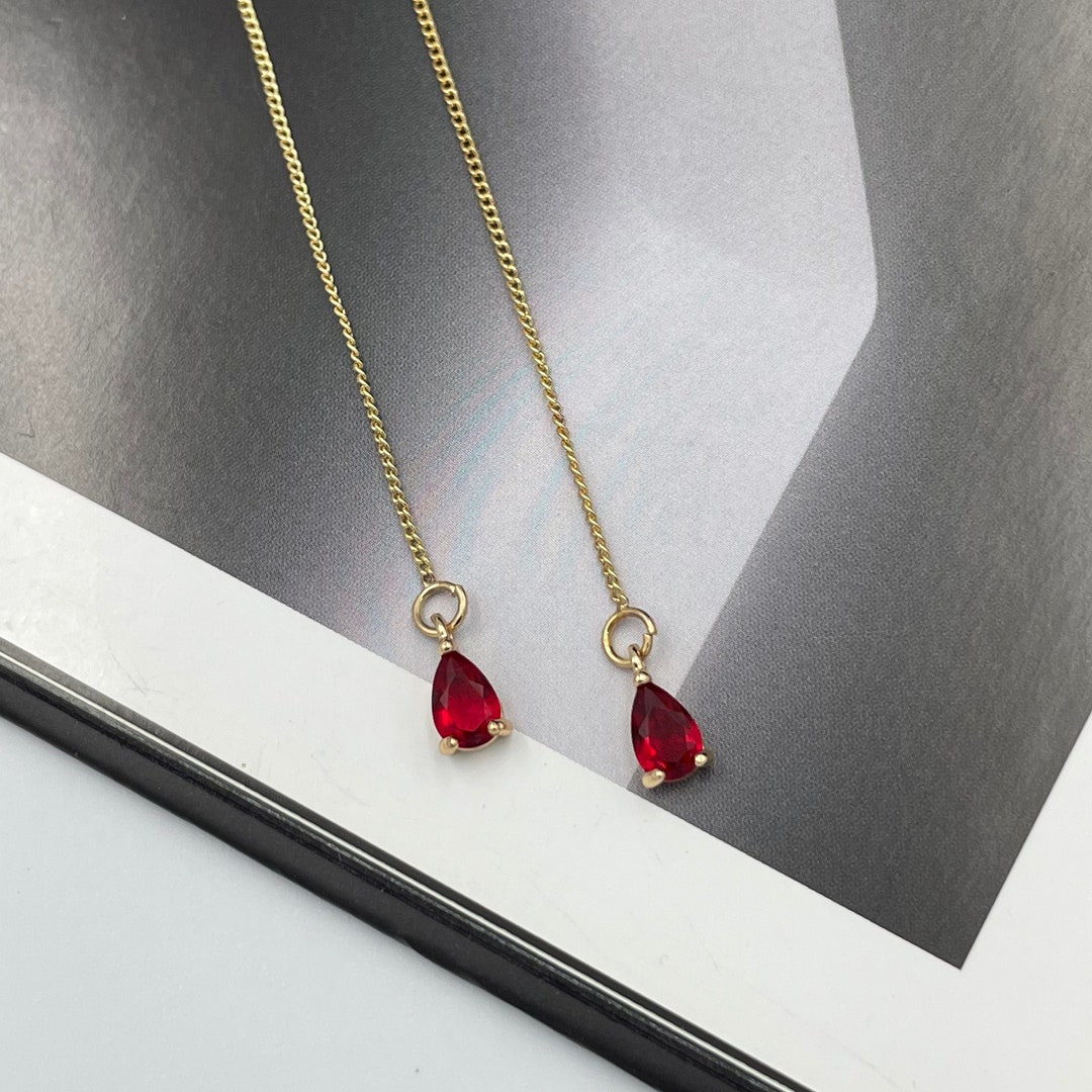 Dainty Ruby Red Thread Earrings, Tiny Red Teardrop Earrings, Statement ...