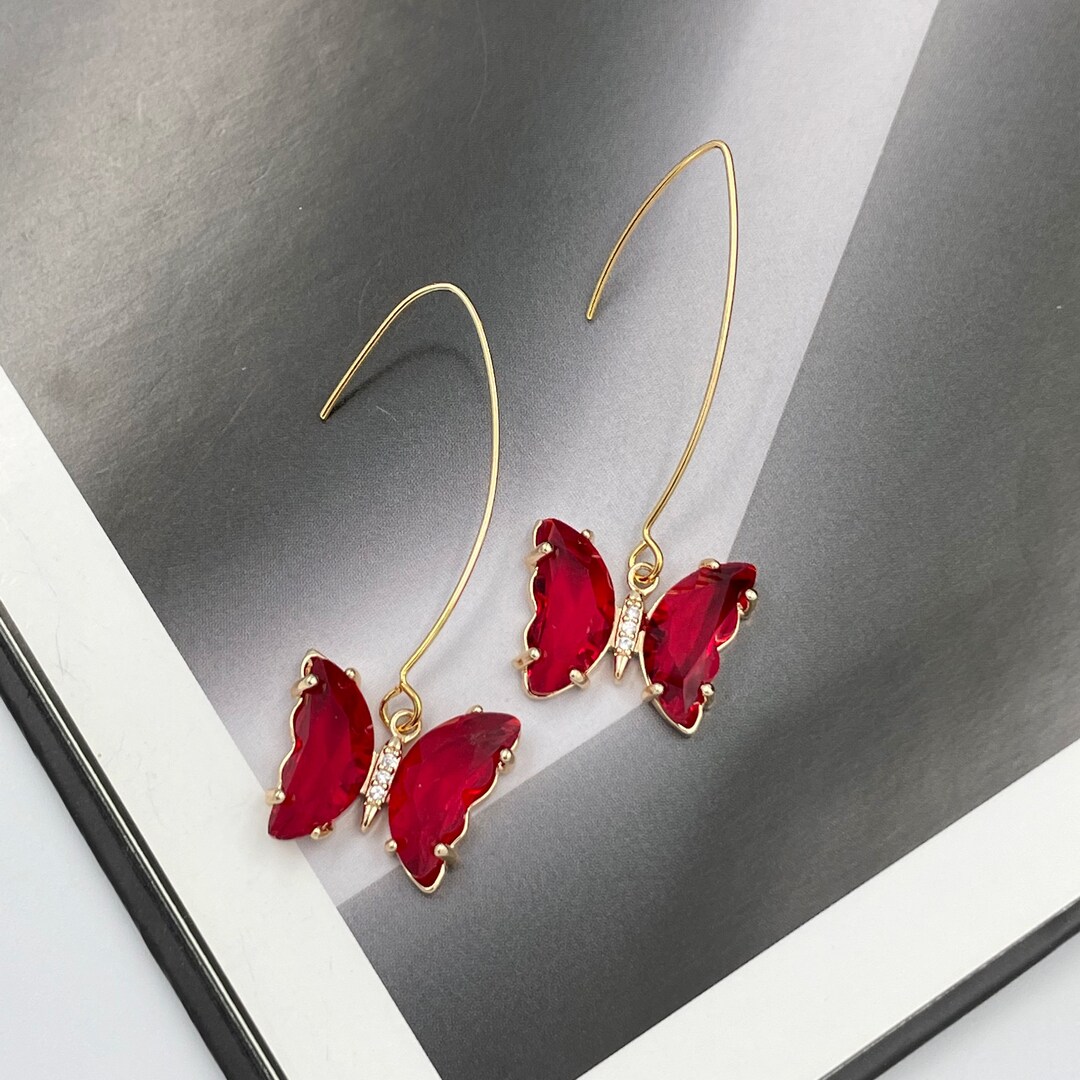Ruby Red Statement Earrings, Gold Ruby Red Butterfly Earrings, Long ...
