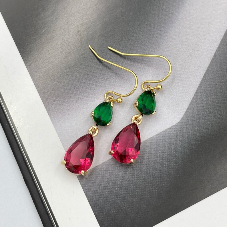 Emerald Green and Ruby Pink Teardrop Earrings, Teardrop Earrings ...