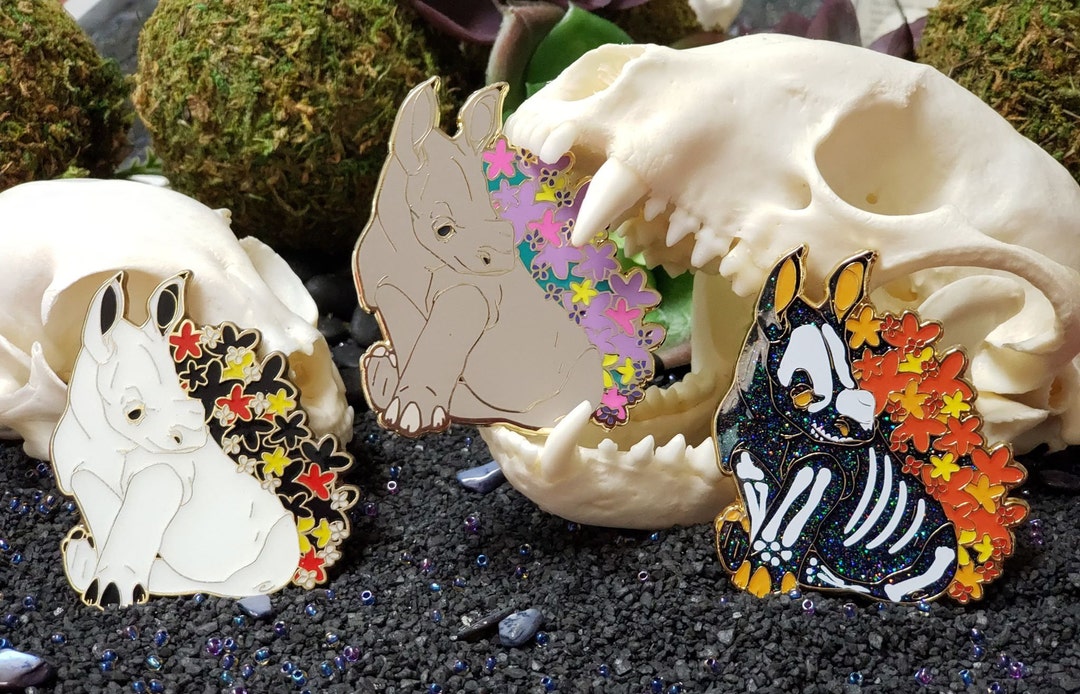 White Rhino Enamel Pin Set - Gold Orange Yellow Flowers Antique ...