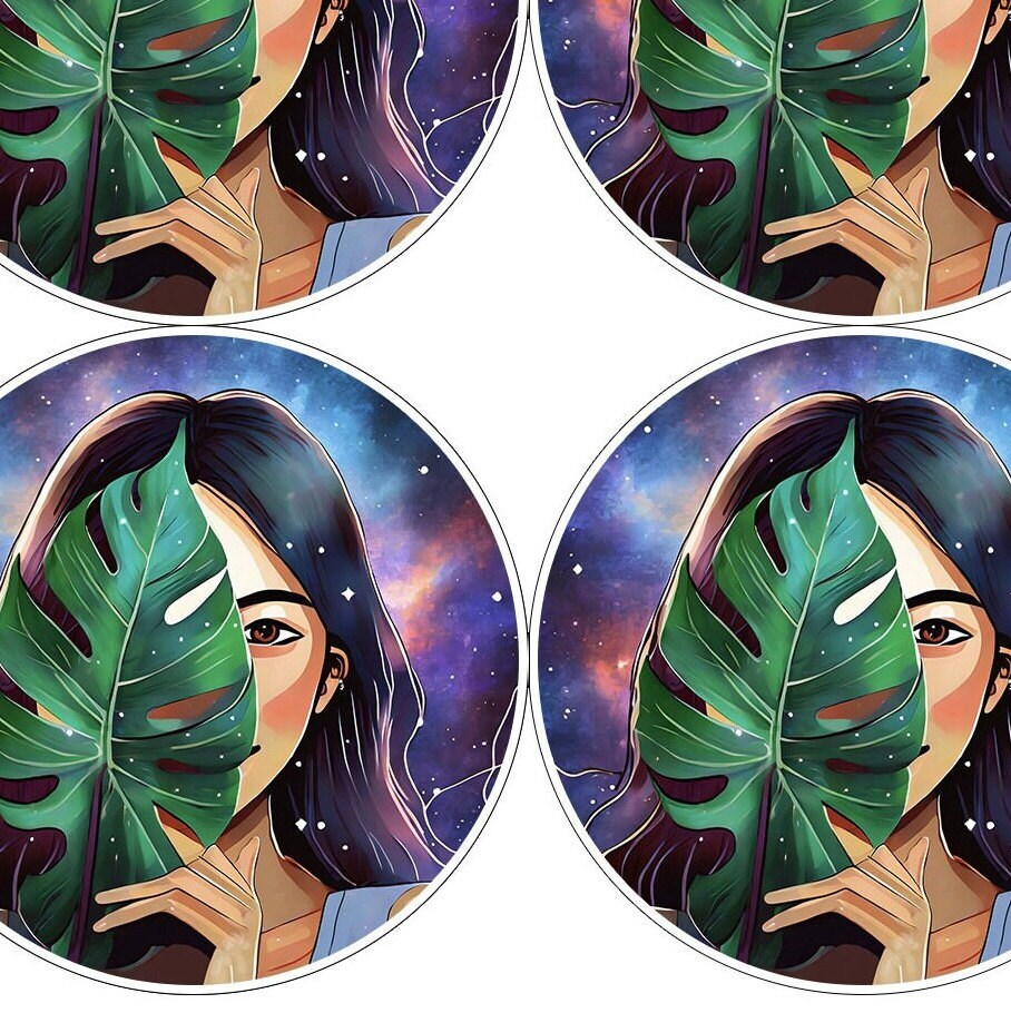 Woman Face With Monstera Leaf Asian Printable Sticker for Plant Lovers ...