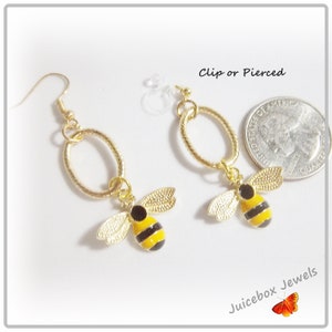 Invisible Clip-on Bumble Bee Dangle Earrings, Gold Tone Non-pierced Plastic Clip, Women Girls ...
