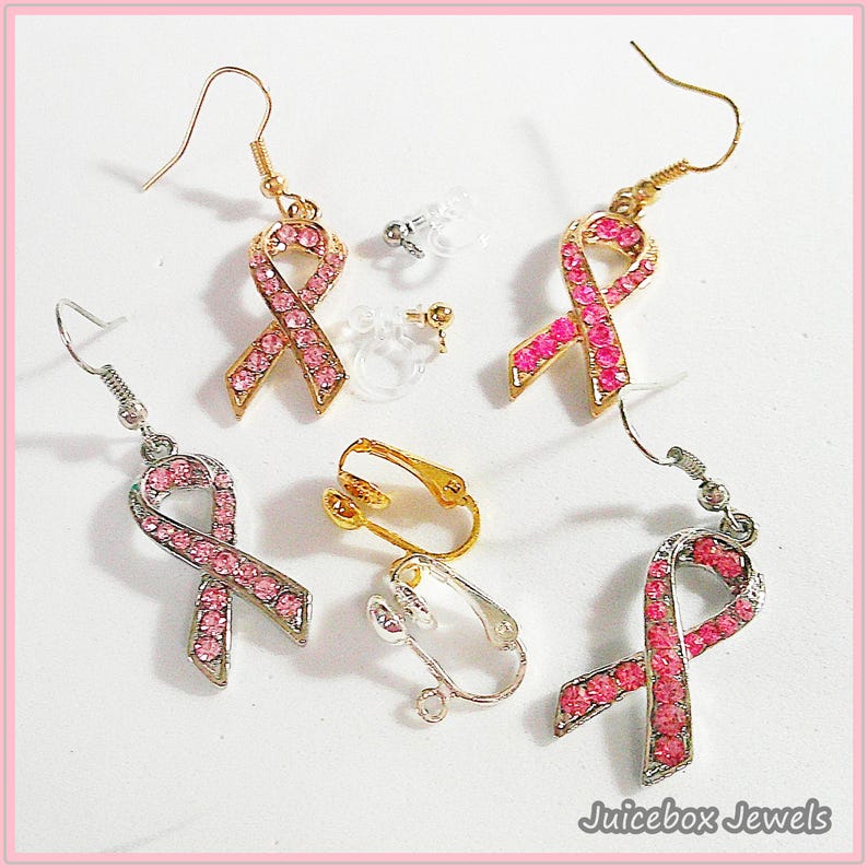 Breast Cancer Awareness Pink Ribbon Rhinestone Dangle Earrings, Gold or ...