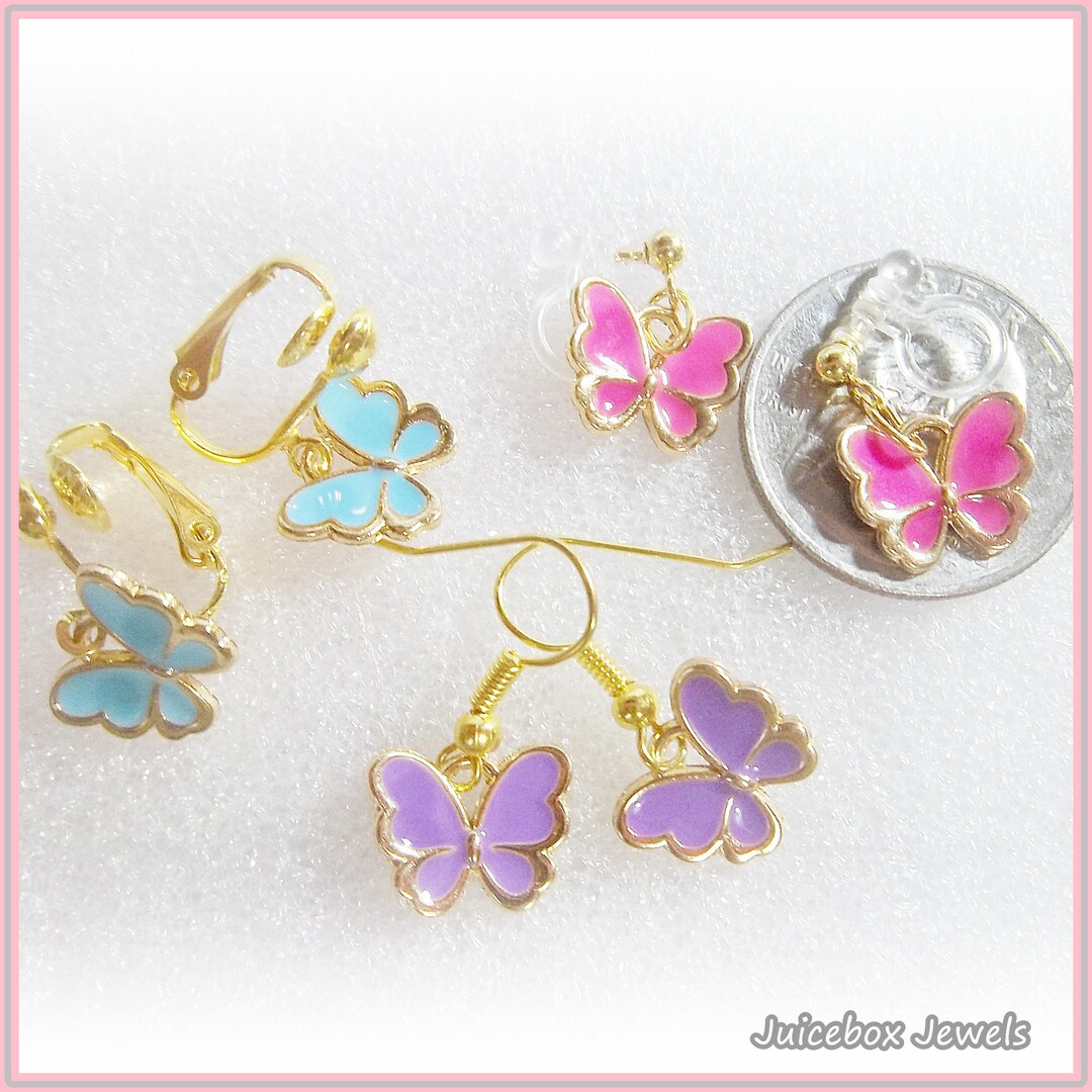 Butterfly Enamel Dangle Colorful Earrings, Gold Tone Non-pierced or ...