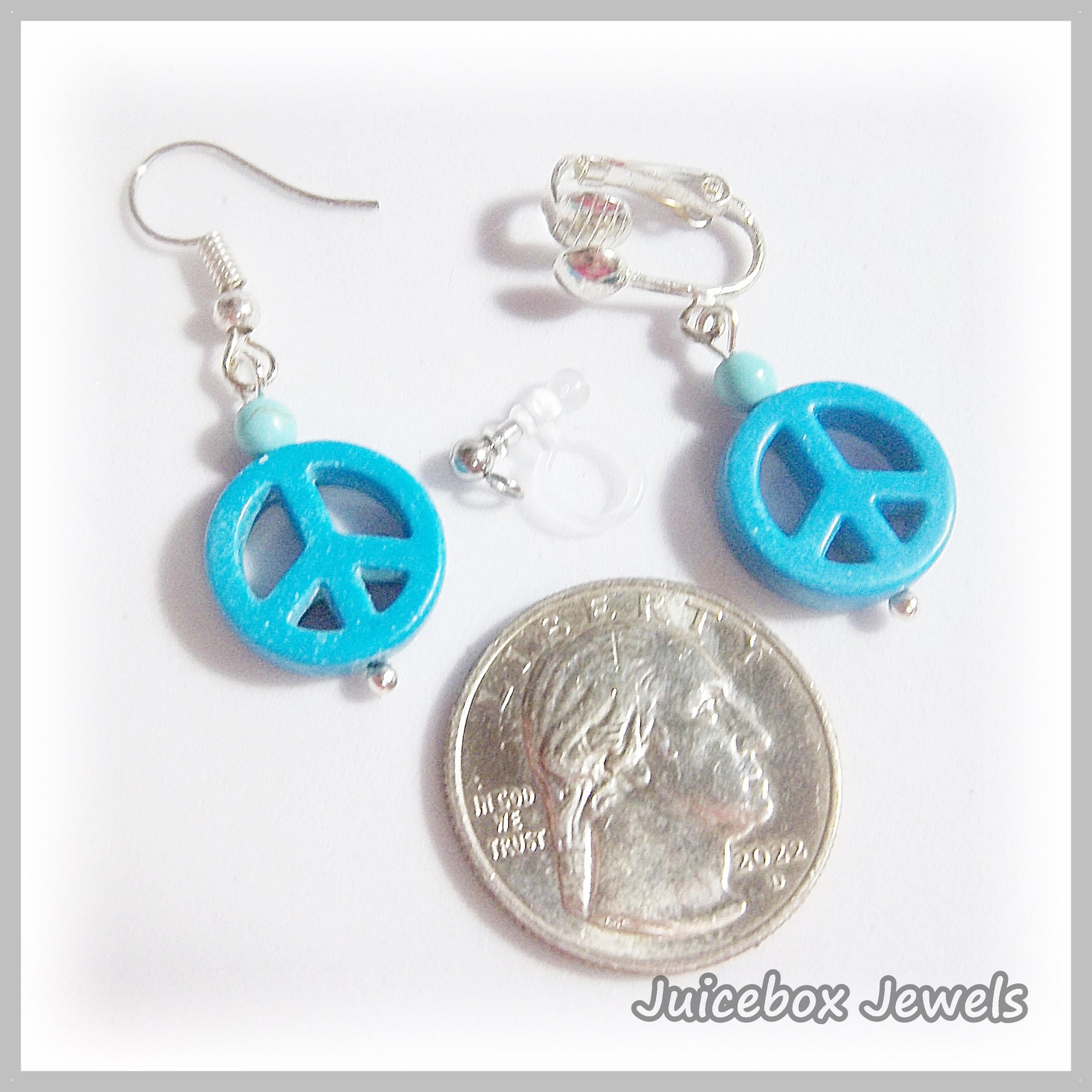 Peace Sign Blue Dangle Earrings, 1 Inch Drop, Invisible or Metal Clip ...