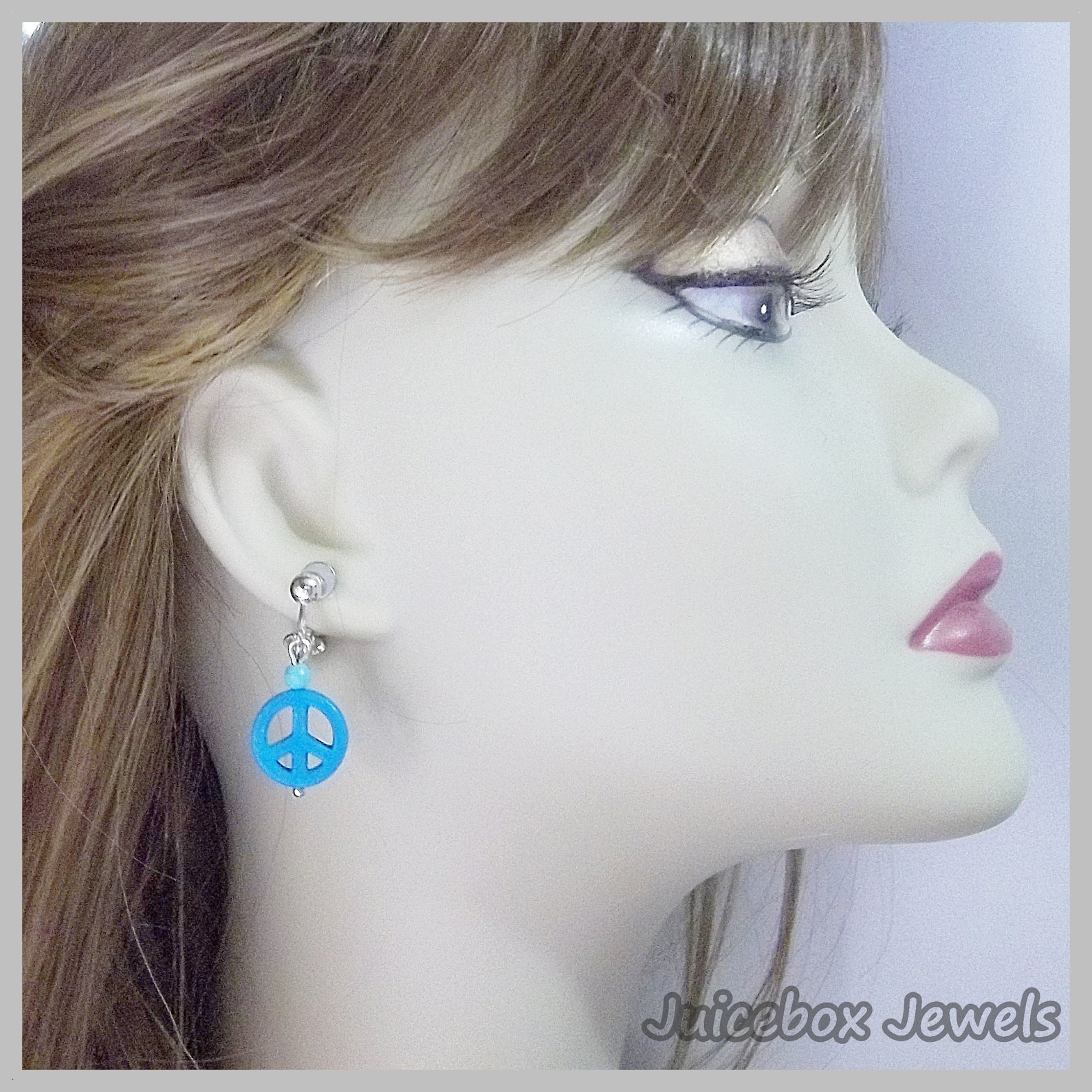 Peace Sign Blue Dangle Earrings, 1 Inch Drop, Invisible or Metal Clip ...