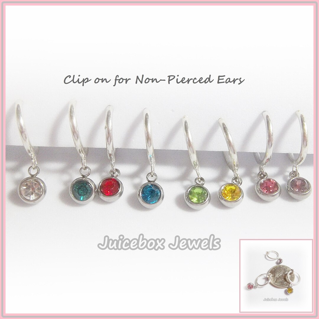 Clip on Rhinestone Dangle Hoop, Silver Tone 13mm Spring Action Fake ...