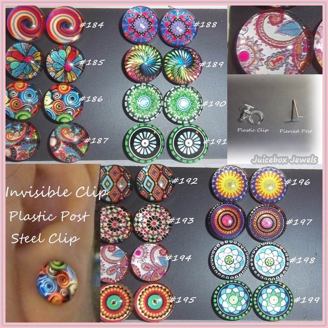 Invisible Clip-on or Pierced Post 12mm Glass Dome Button Stud, 1 Pair ...