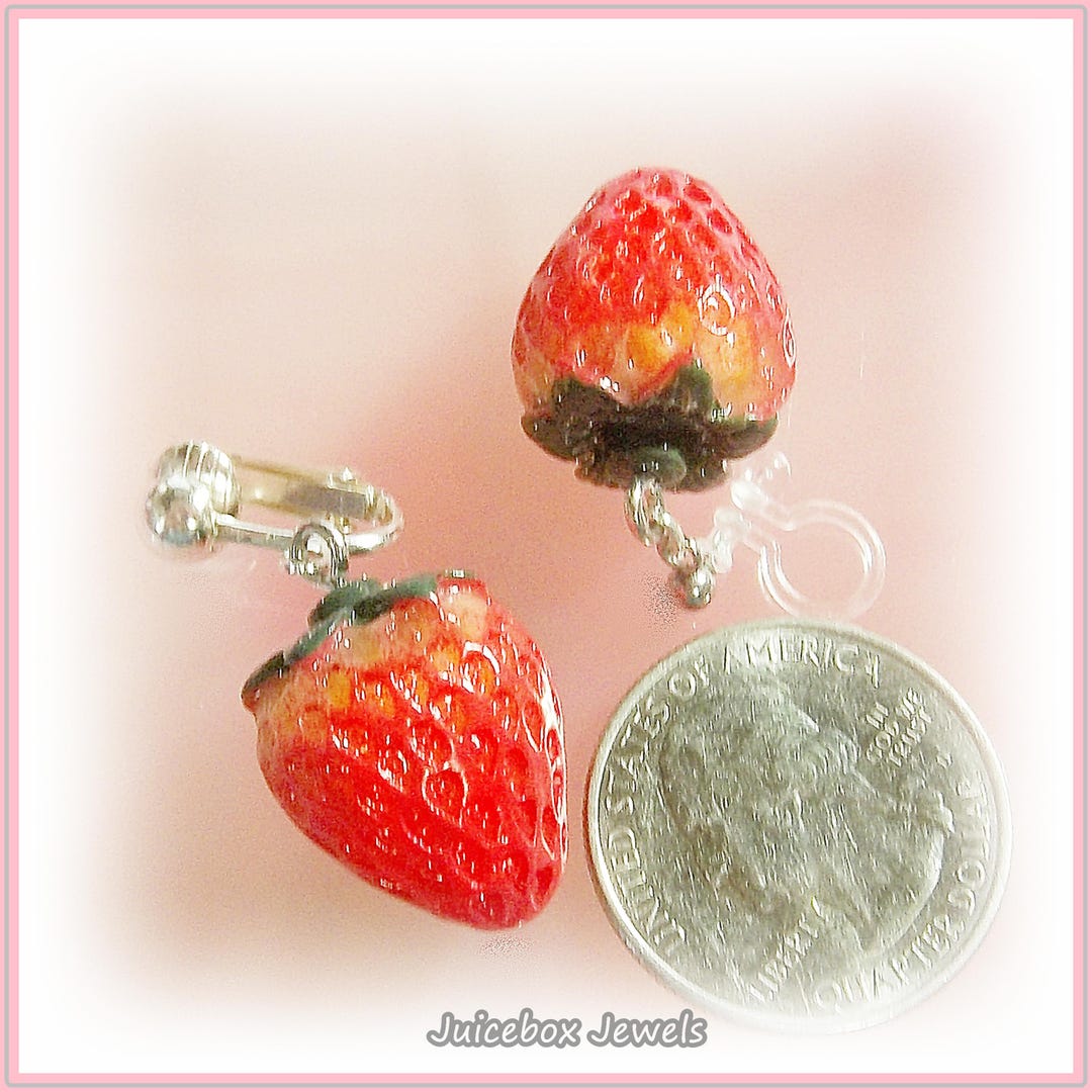Invisible Clip On, Red 3D Strawberry Earrings, Non-pierced Plastic Clip ...