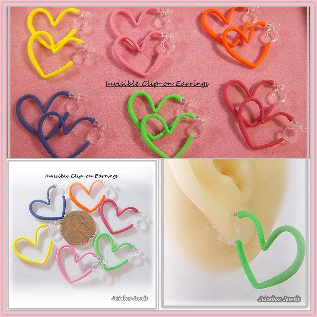 Invisible Clips, Heart 1" Colorful Matte Finish Open Hoop Earrings ...