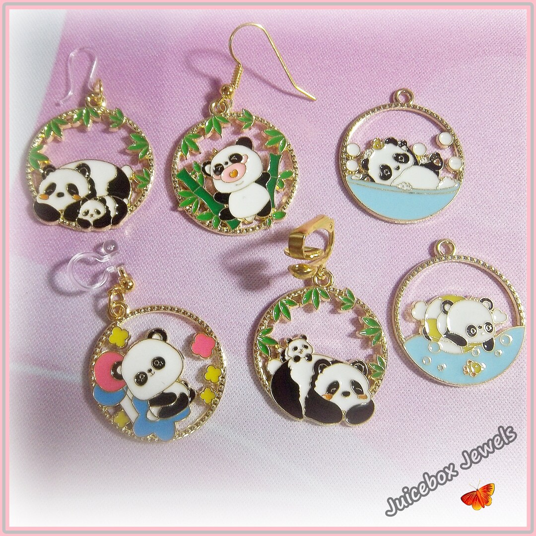 PANDA Bear Earrings, 1 Pair, Enamel, Gold Tone Metal Dangle Non-pierced ...