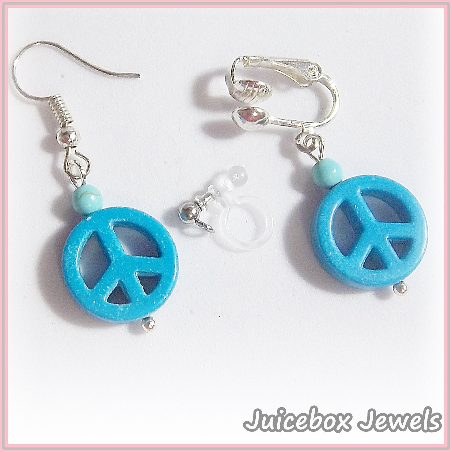 Peace Sign Blue Dangle Earrings, 1 Inch Drop, Invisible or Metal Clip ...