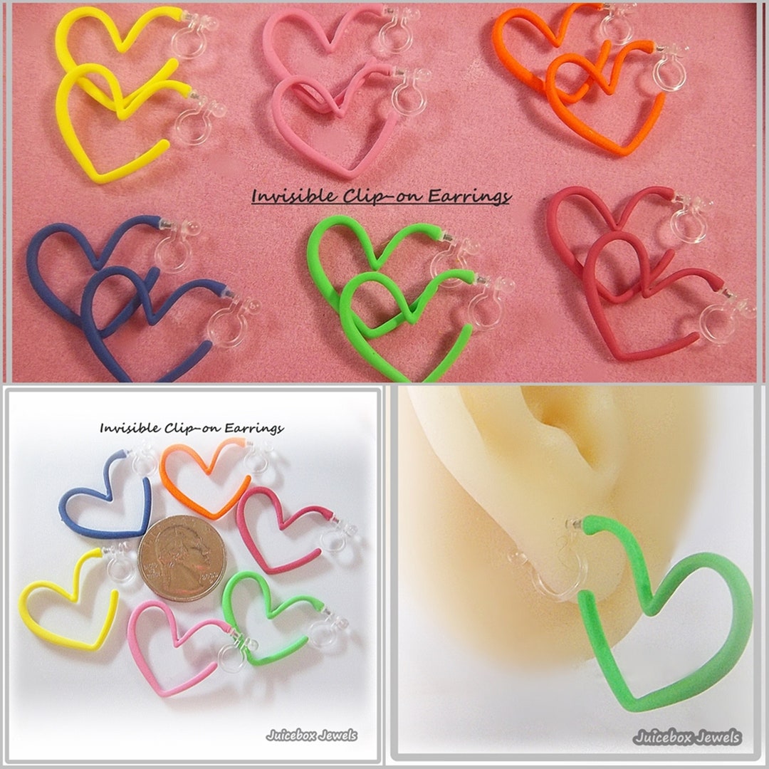 Invisible Clips, Heart 1 Colorful Matte Finish Open Hoop Earrings ...