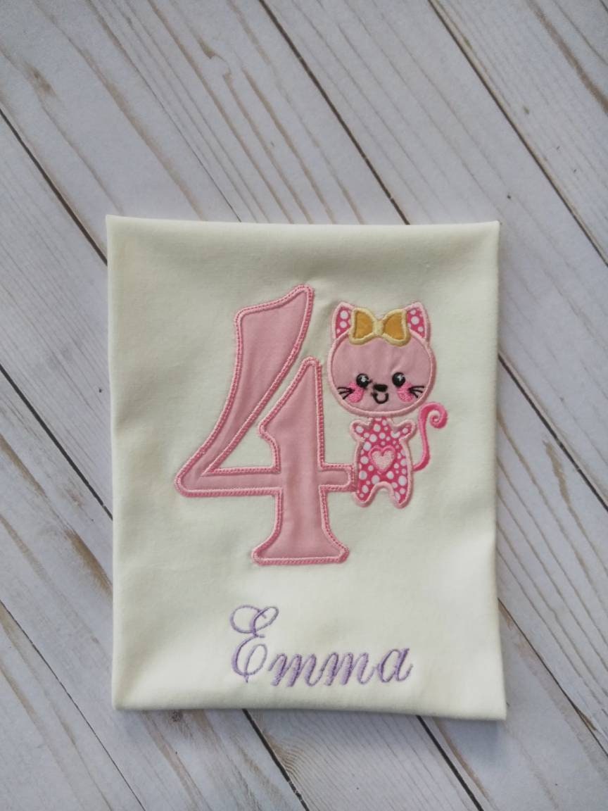Birthday shirt number 4. Kitty applique. Embroidery number | Etsy